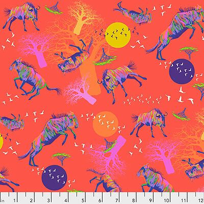 Migration Fabric: Wildebeasts in Motion Red by Lorraine Turner for Free ...