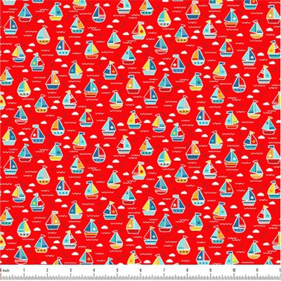 Pool Party fabric: Boats Red Makower UK